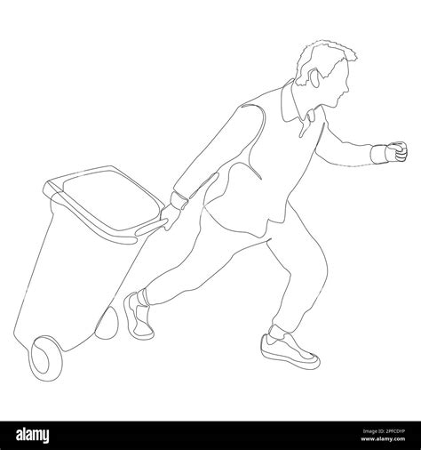 One Continuous Line Of Man With Garbage Bin Thin Line Illustration