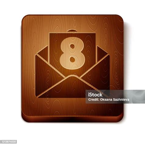 흰색 배경에 격리 된 3 월 8 일 아이콘이있는 갈색 봉투 메시지 사랑 편지 사랑과 로맨스 국제 해피 우먼의 날 나무 사각형 버튼입니다 벡터 일러스트레이션 2월에 대한 스톡