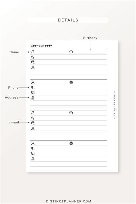 A Address Book Printable Inserts Contact List Template Planner Refill
