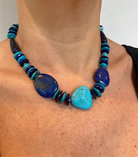 Marina J 14k Yellow Gold Turquoise And Lapis Lazuli Necklace For Sale