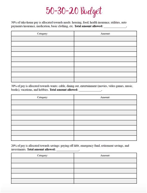 Printable 503020 Budget Template Free Printable Templates