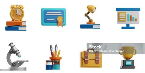 3d School Supplies Set Alarm Clock Diagram Graduation Certificate Microscope Briefcase Trophy