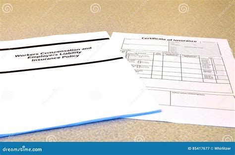 Workers Compensation Policy And Certificate Of Insurance Stock Image Image Of Employee Paper