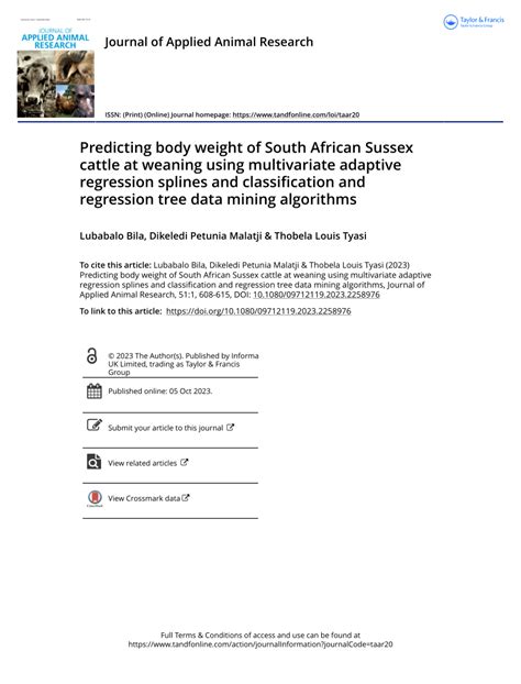 pdf predicting body weight of south african sussex cattle at weaning