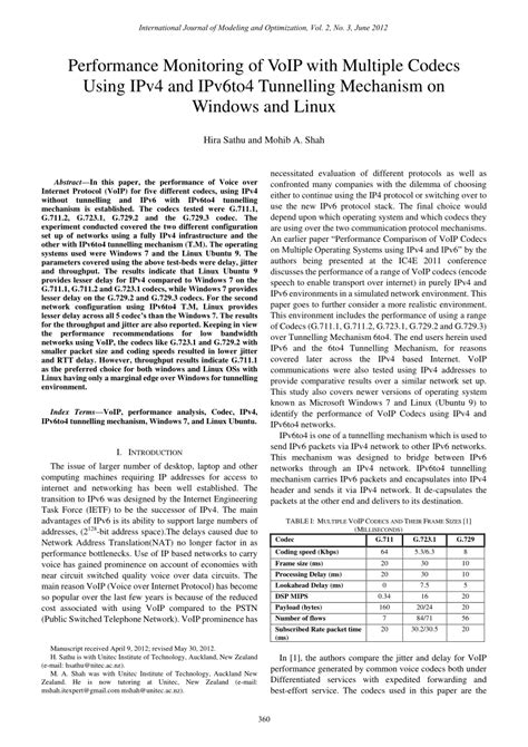 Pdf Performance Monitoring Of Voip With Multiple Codecs Using Ipv4 And Ipv6to4 Tunnelling