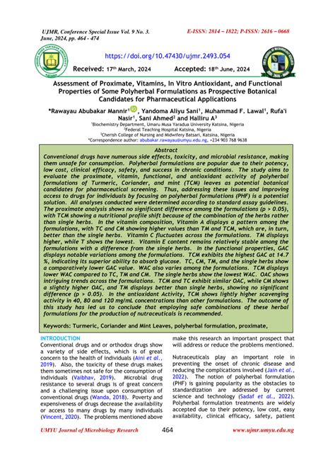 Pdf Assessment Of Proximate Vitamins In Vitro Antioxidant And Functional Properties Of Some