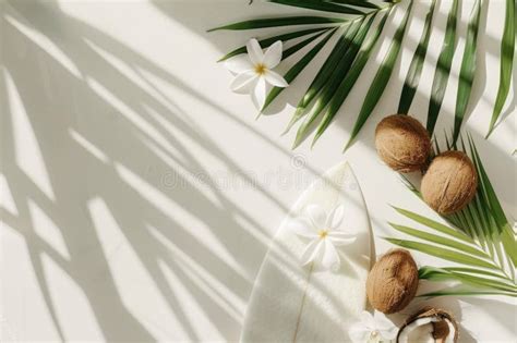 Tropical Flat Lay With Coconuts Palm Leaves And White Flowers Casting