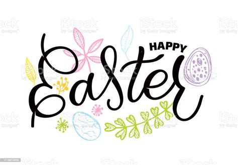 손 로고 타입 배지 및 아이콘으로 행복 부활절 텍스트를 스케치 부활절 엽서 카드 초대장 전단지 배너 템플릿 부활절 문자 타이포그래피 계절의 인사말 부활절 달걀 사냥 벡터