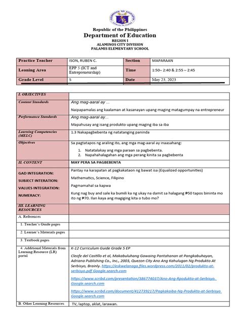 Lesson Plan Epp 5 Week 3 Quarter4 Psu Pdf