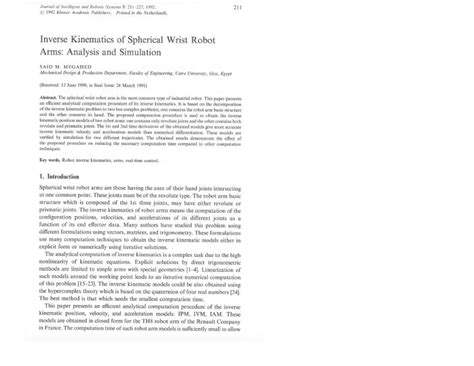 Pdf Inverse Kinematics Of Spherical Wrist Robot Arms Analysis And Simulation