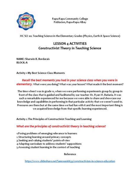Constructivist Theory In Teaching Science Lesson 4 Activities Pdf