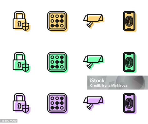 라인 보안 카메라 잠금 장치가 있는 방패 보안 그래픽 암호 보호 및 모바일 지문 스캐너 아이콘을 설정합니다 벡터 Brand Name Smart Phone에 대한 스톡 벡터