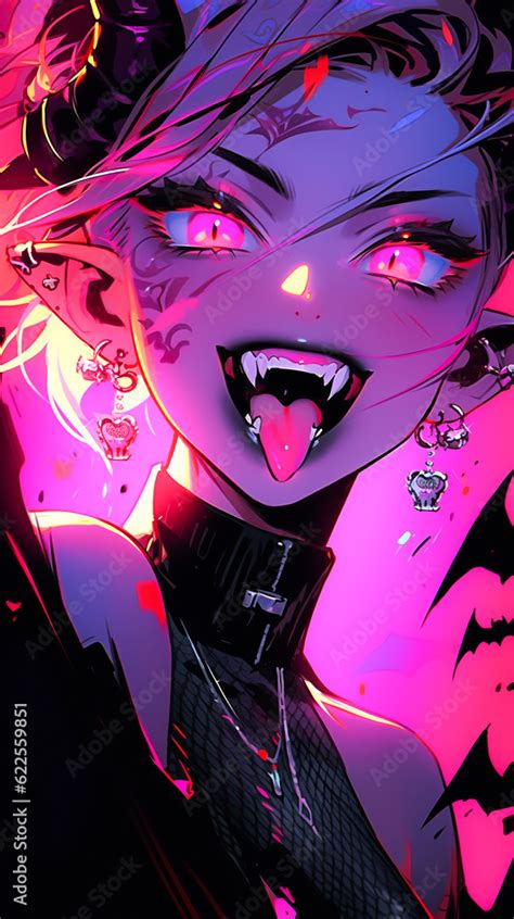 Sexy Anime Vampire Girl With A Pink And Purple Synthwave Anime Cartoon