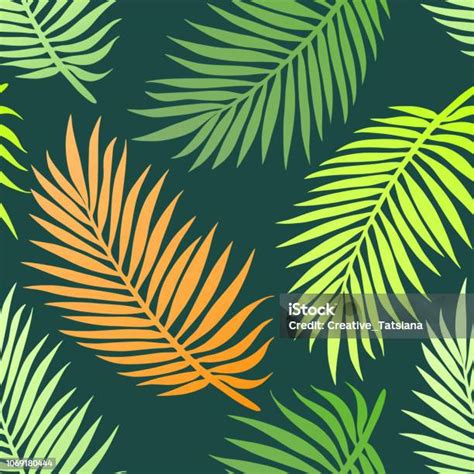 아름 다운 화려한 녹색과 주황색 야자수 나뭇잎 진한 녹색 배경에 원활한 정글 열 대 꽃 패턴 가을에 대한 스톡 벡터 아트 및 기타 이미지 Istock