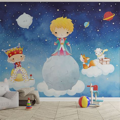 Papel De Parede Infantil Pequeno Príncipe Na Lua Fundo Azul Escuro Al