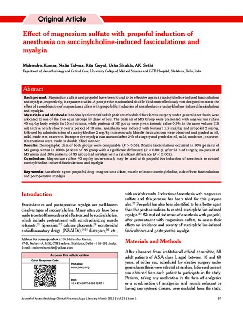 Pdf Effect Of Magnesium Sulfate With Propofol Induction Of Anesthesia On Succinylcholine