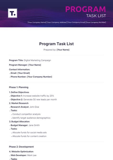 free program task list template to edit online