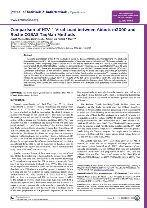 Pdf Comparison Of Hiv 1 Viral Load Between Abbott M2000 And Roche Cobas Taqman Methods