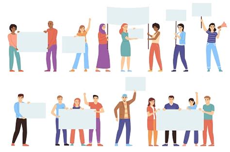 시위대 다른 빈 포스터 배너 와 플래카드 사회 파업 함께 서 문자를 보여주는 남성과 여성 정치적 행동 벡터 만화 고립 된 세트 시위자에 대한 스톡 벡터 아트 및 기타 이미지