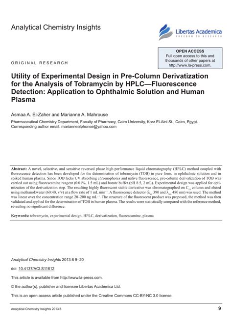 Pdf Utility Of Experimental Design In Pre Column Derivatization For The Analysis Of Tobramycin