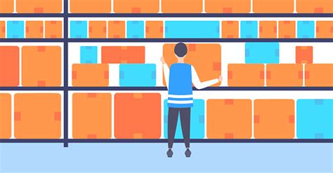 창 고 노동자 제복 퍼 팅 골 판지 상자 선반 배열 상품 컨셉 모던 수납 인테리어 가로 플랫 남성 만화 캐릭터 뒷 전망 전체 길이 상자에 대한 스톡 벡터 아트 및 기타