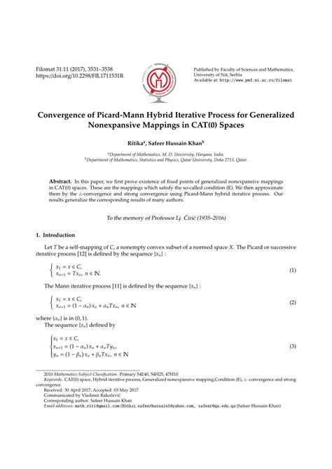 Pdf Convergence Of Picard Mann Hybrid Iterative Process For