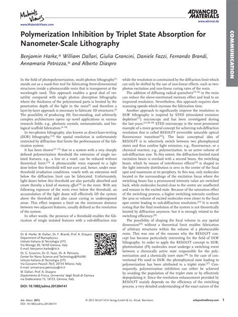 Pdf Polymerization Inhibition By Triplet State Absorption For Nanometer Scale Lithography
