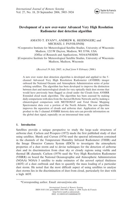 Pdf Development Of A New Over Water Advanced Very High Resolution Radiometer Dust Detection