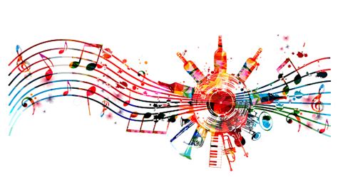 악기 메모 및 병이 격리 된 벡터 일러스트레이션이있는 음악 홍보 포스터 콘서트 이벤트 음악 축제 및 쇼 파티 전단지를위한 비닐 디스크가있는 다채로운 디자인 다중 색상에 대한