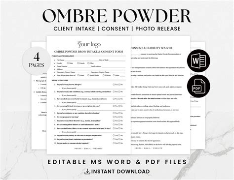 Editable Ombre Powder Brows Consent Form Microshading Client Intake Form Pmu Aftercare