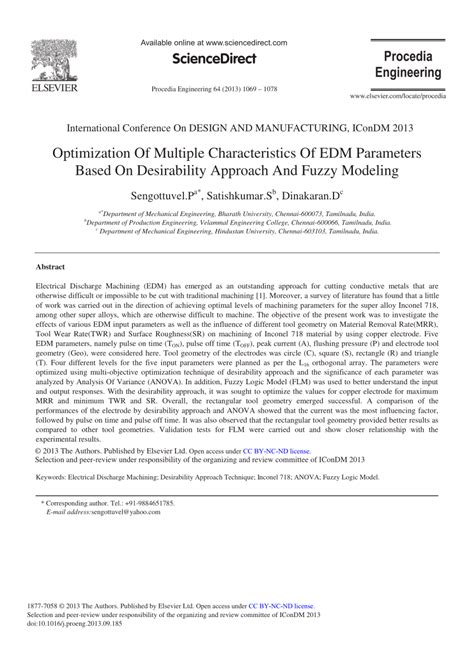 Pdf Optimization Of Multiple Characteristics Of Edm Parameters Based
