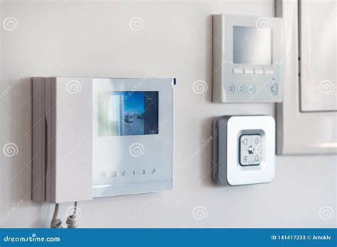 Video Intercom On Red Brick Wall Background Modern Luxury Wealthy Home Security System Alarm