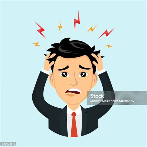 두통 연 민 피로 그의 머리를 잡고 머리 젊은 남자의 질병 벡터 평면 그림 아이콘 남자 편두통 건강 문제와 고통 머리 스트레스 작업 고통 감정 감정에 대한 스톡 벡터 아트