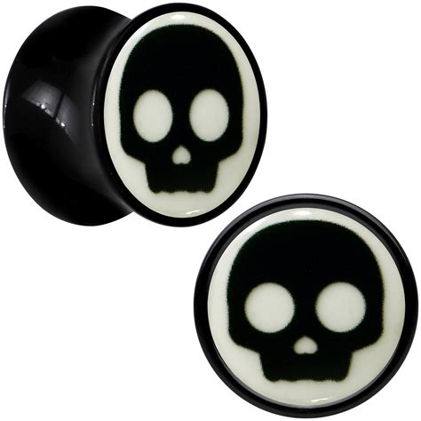 Body Candy 00 Gauge 2pc Black Acrylic Glow In The Dark Simple Skull