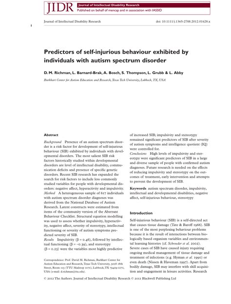 Pdf Predictors Of Self Injurious Behaviour Exhibited By Individuals With Autism Spectrum