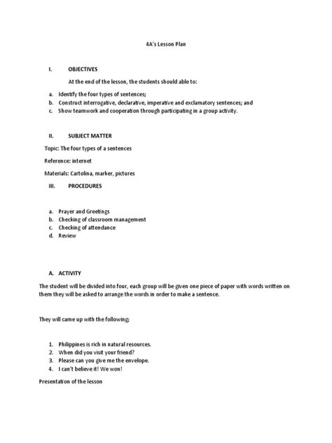 4a Lesson Plan Pdf Sentence Linguistics Lesson Plan