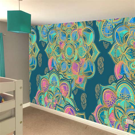 Mandala Wall Mural Golden Mandala Flower Pattern Blue Background Full