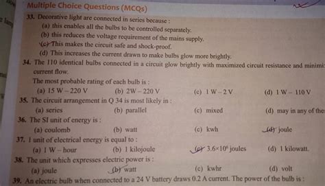 Multiple Choice Questions Mcqs 33 Decorative Light Are Connected In Se