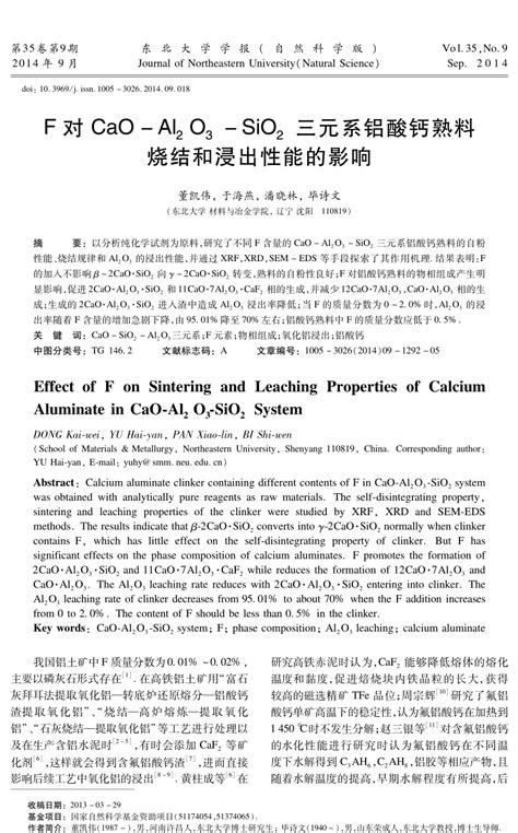 Pdf Effect Of F On Sintering And Leaching Properties Of Calcium Aluminate In Cao Al2o3 Sio2 System