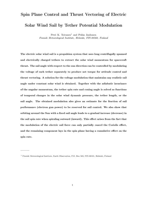 Pdf Spin Plane Control And Thrust Vectoring Of Electric Solar Wind Sail