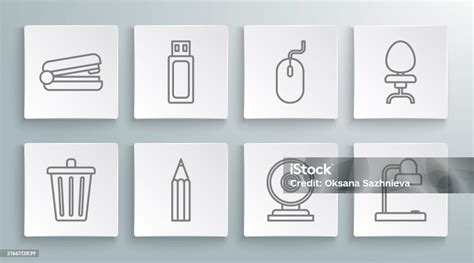 휴지통 Usb 플래시 드라이브 연필 웹 카메라 테이블 램프 컴퓨터 마우스 사무실 의자 및 스테이플러 아이콘을 설정합니다 벡터
