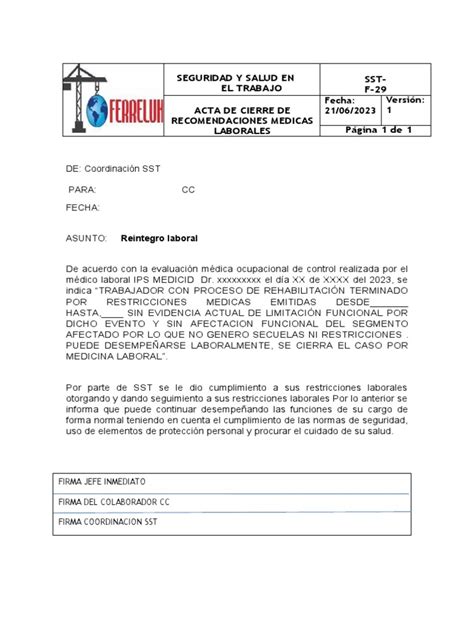 Acta De Cierre De Recomendaciones Médicas Pdf