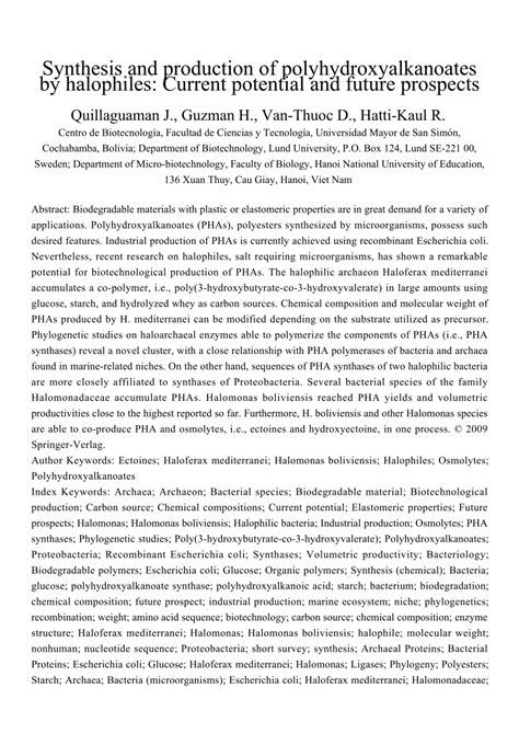 Pdf Synthesis And Production Of Polyhydroxyalkanoates By Halophiles Current Potential And