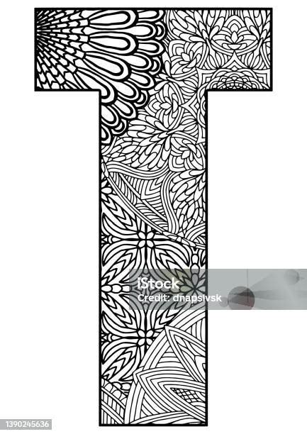 대문자 T는 색칠 벡터 색칠 공부 페이지를 위해 흰색 배경에 만다라와 기하학적 인물로 장식되어 있습니다 바이킹에 대한 스톡 벡터 아트 및 기타 이미지 Istock