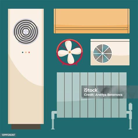 에어컨 환기 시스템 벡터 일러스트 레이 션 세트 가정에서 컨디셔닝 또는 조절 온도 장치의 만화 플랫 컬렉션 인공 호흡기 프로펠러