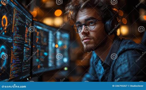 Focused Developer At Work With Multiple Screens Generative Ai Stock