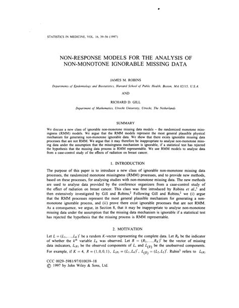 Pdf Non Response Models For The Analysis Of Non Monotone Ignorable
