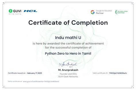 python guvi certification learning coding techskills… indumathi u