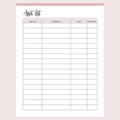 Printable Asset List Instant Download Pdf A4 And Us Letter Plan