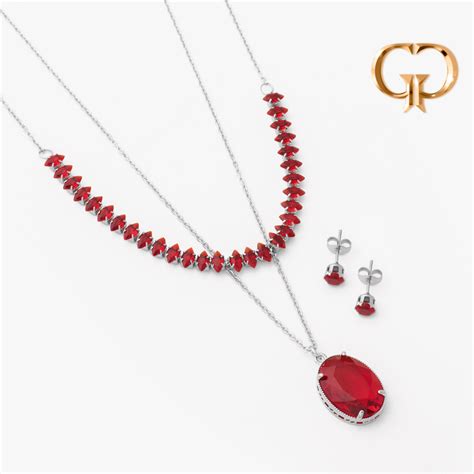 J1254 Juego Acero Zircones Rojos Cadena 2 Vueltas